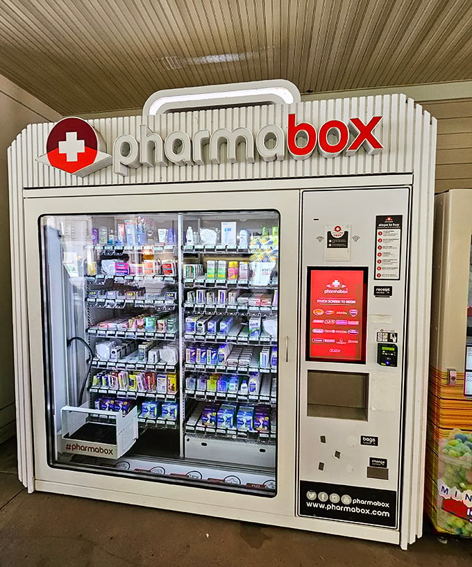 The Pharmabox vending machine: for when your shopping stamina needs bandages, pain relievers, or emergency chocolate to survive the next round of stores.