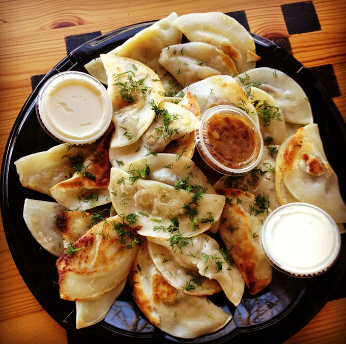 Pierogies so perfectly golden they belong in a museum. These little pockets of joy come with dipping sauces that'll make you forget ketchup exists.