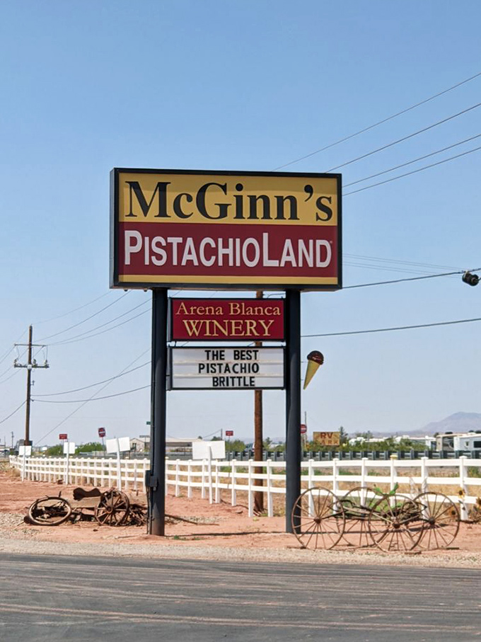 The sign says it all: pistachios and wine, a combination that somehow makes perfect sense in the middle of the New Mexico desert.