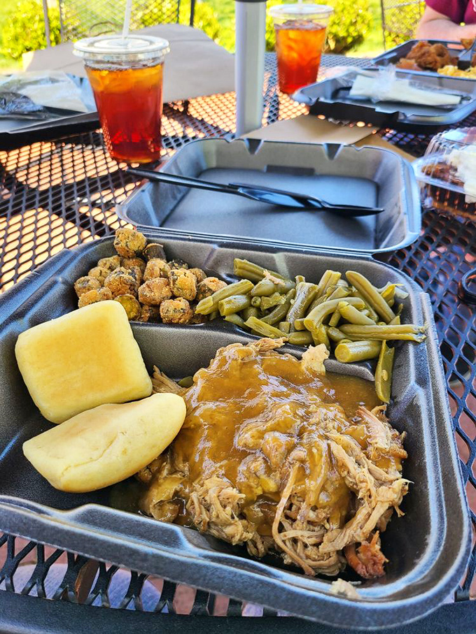 Take-out never looked so tempting&mdash;tender pulled pork, homemade cornbread, and green beans that actually remember growing in a garden.