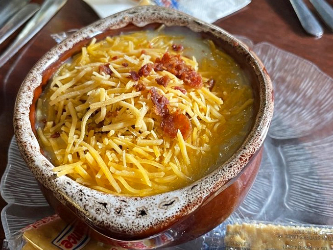 This isn't just potato soup&mdash;it's a warm hug in a rustic crock, topped with cheese and bacon because sometimes more really is more.