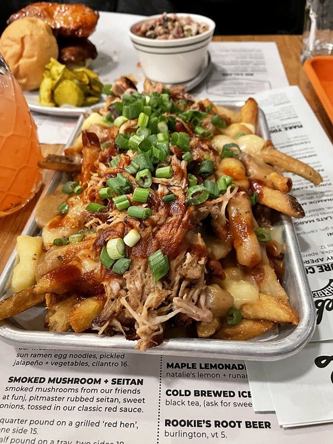 Poutine gets the barbecue treatment with pulled pork, crispy fries, and green onions. This Canadian-Southern fusion is the diplomatic solution we all need.
