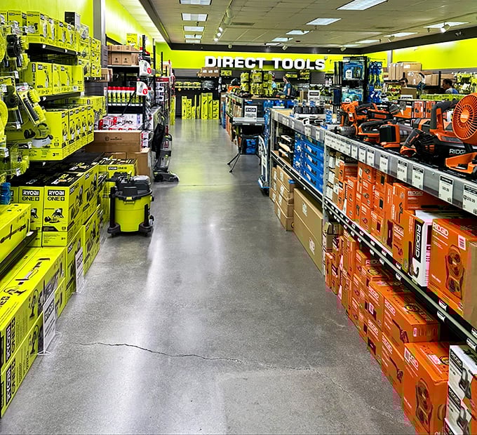 Direct Tools' neon yellow aisles are where men go to dream and wives go to practice their eye-rolling technique.