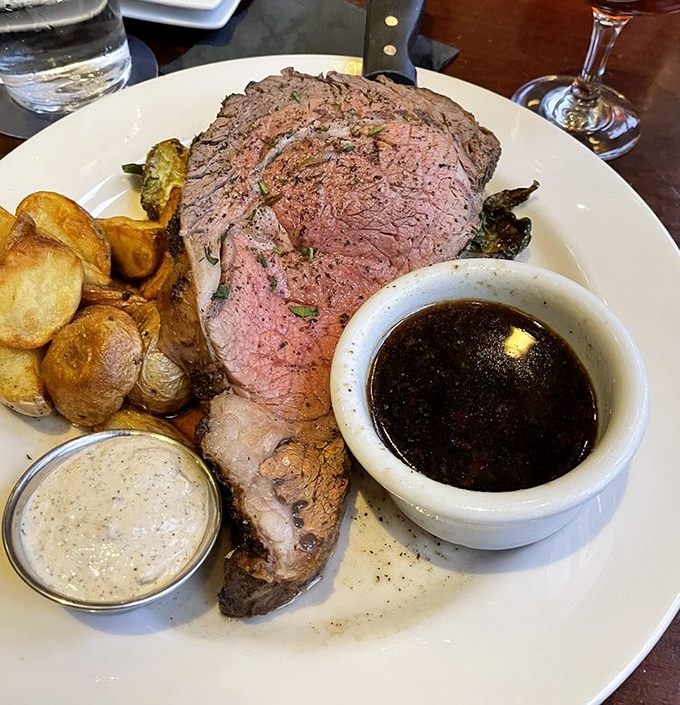 Prime rib carved thick and cooked to absolute perfection - this is serious carnivore territory here.
