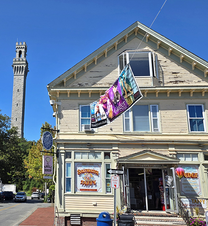The Pilgrim Monument watches over everything, reminding you that climbing is optional but the views are mandatory.