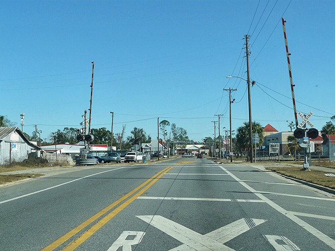 This railroad crossing reminds us that Perry is the kind of place where you might actually have to stop for a train&mdash;a charming inconvenience lost to big cities.