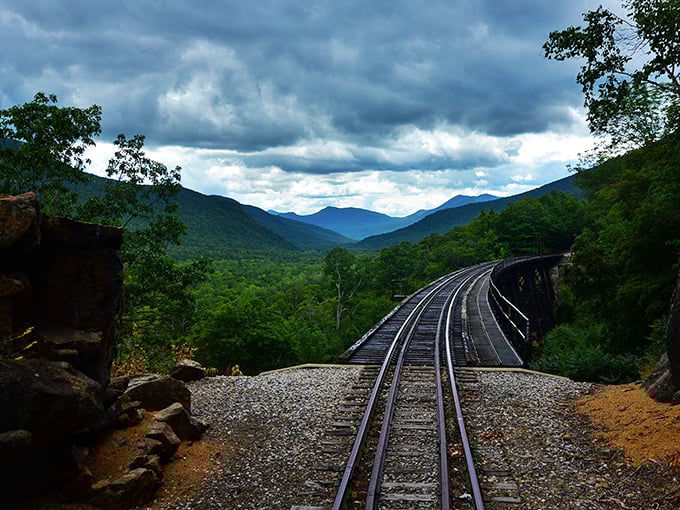 Rails stretching toward infinity, cutting through the White Mountains like a silver ribbon. This isn't just a track—it's a pathway to wonder.