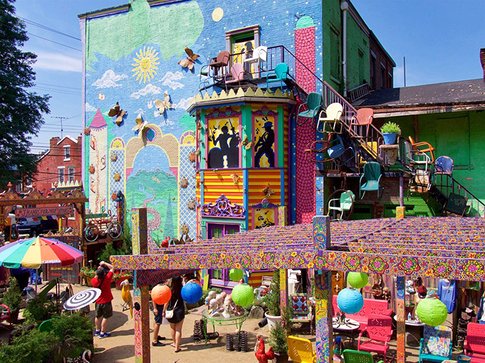 The exterior murals transform ordinary architecture into extraordinary storybooks that can be read from across the street.