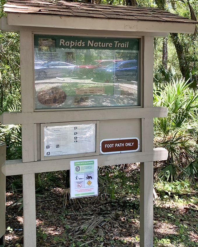 The Rapids Nature Trail sign stands sentinel, promising adventure while subtly reminding you this isn't Disney's Jungle Cruise.