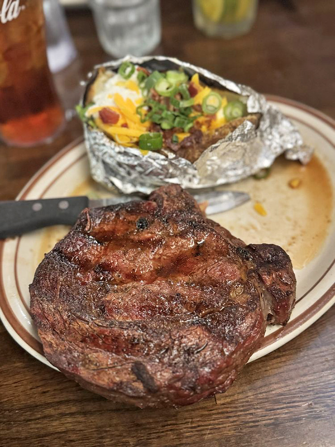 This ribeye isn't just dinner&mdash;it's a religious experience. The broccoli is there to make you feel virtuous, but we know why you came.