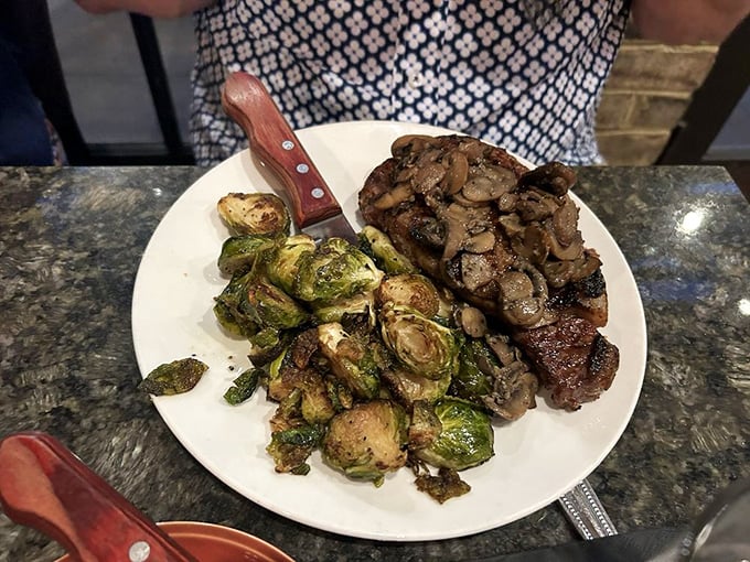 Brussels sprouts that could convert vegetable skeptics paired with a steak and mushrooms that make you question why you'd ever order anything else.