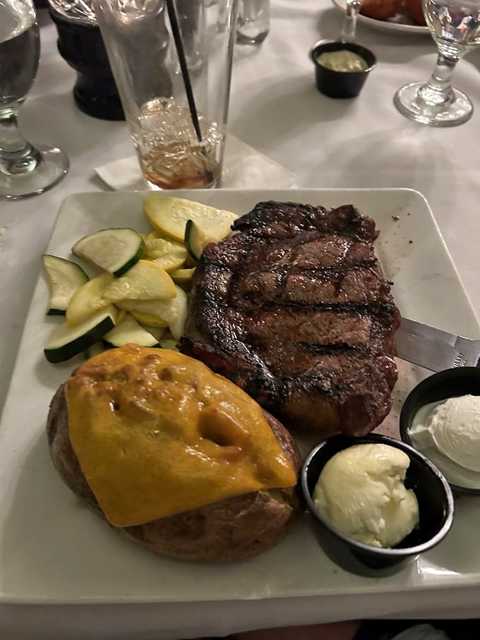 This ribeye doesn't need Instagram filters&mdash;it's naturally photogenic. Perfectly charred exterior, rosy interior, and sides that know their supporting role in this meaty blockbuster.