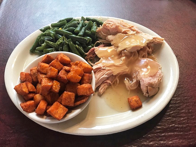 Turkey dinner that makes you question why you only eat this once a year at Thanksgiving. The sweet potatoes are basically dessert in disguise.