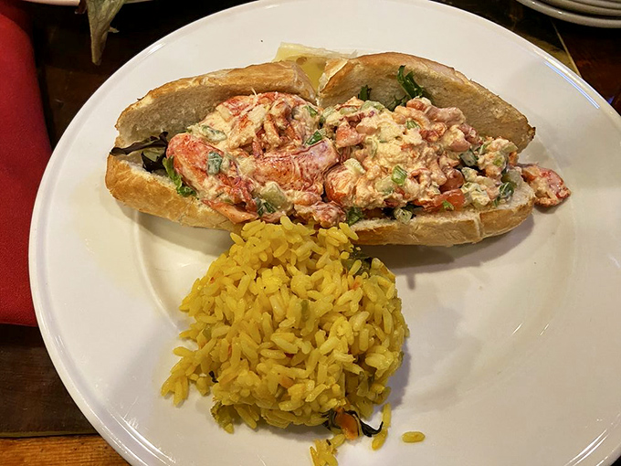 A lobster roll that's more lobster than roll. Served with yellow rice that's clearly been taking its turmeric vitamins regularly.