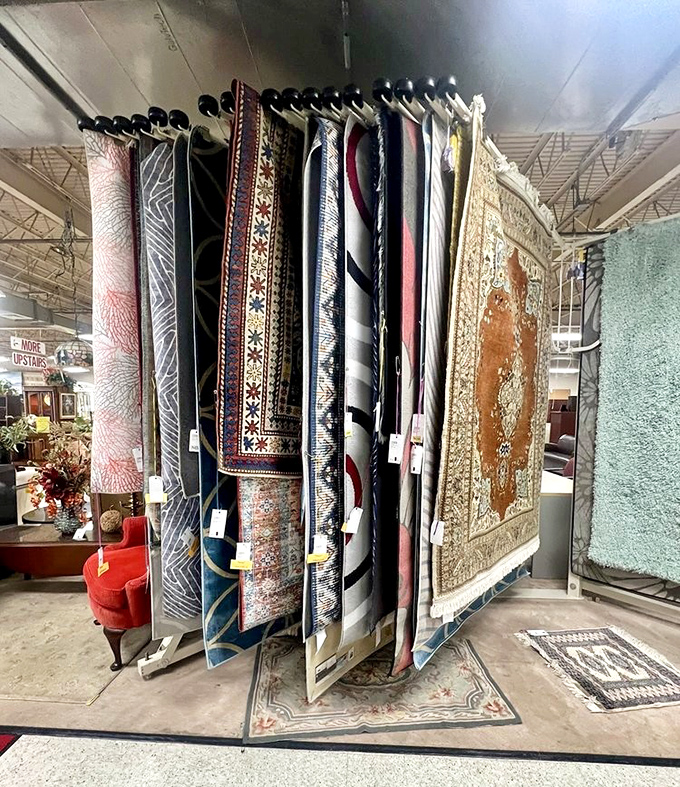 The rug display&mdash;where floor coverings from around the world hang like textile art, waiting to anchor your room in style.