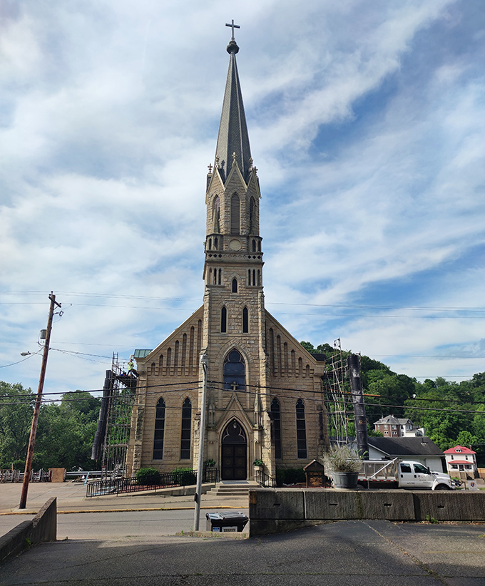 Sacred Heart Church's soaring spire has guided river travelers for generations. Gothic revival architecture brings a touch of European grandeur to this Appalachian river town.