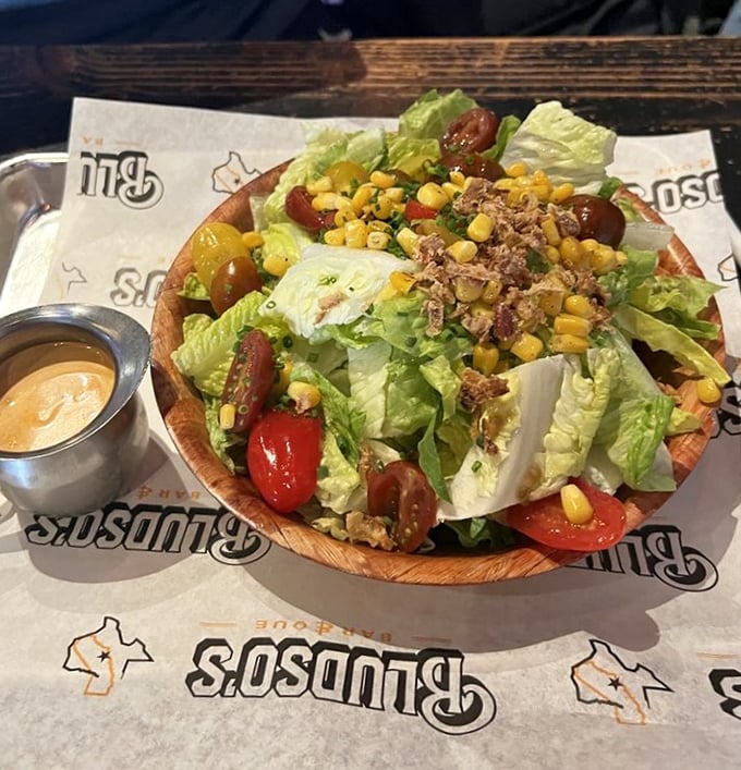 Even the salad at Bludso's means business &ndash; fresh, colorful, and substantial enough to hold its own on a table full of smoked meats.