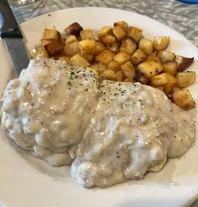 Biscuits and gravy &ndash; the breakfast that hugs you from the inside. This creamy, savory masterpiece could settle interstate disputes.