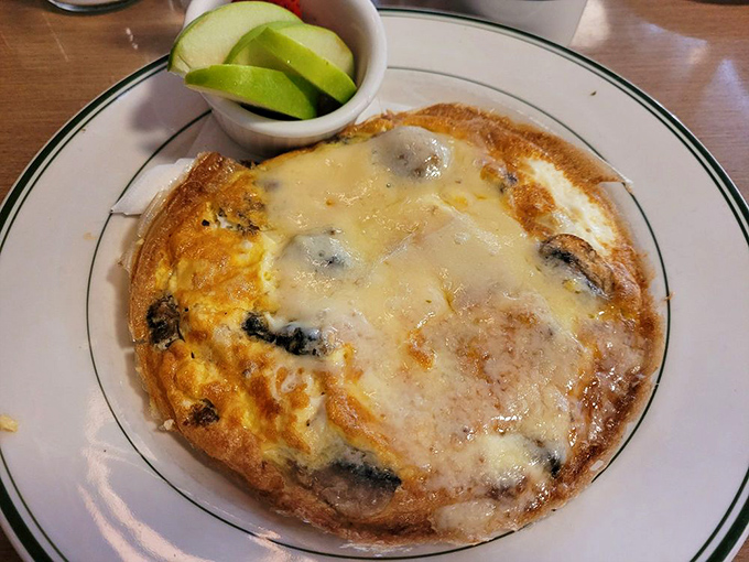 A frittata so perfectly golden it deserves its own Instagram filter. Those apple slices offer a refreshing counterpoint.