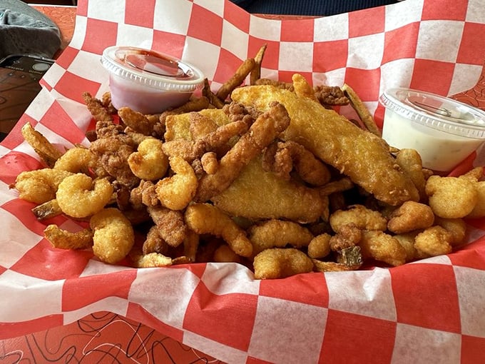 A seafood basket that makes landlocked diners forget they're in Ohio&mdash;golden-battered treasures from the deep that would make Neptune himself order seconds.