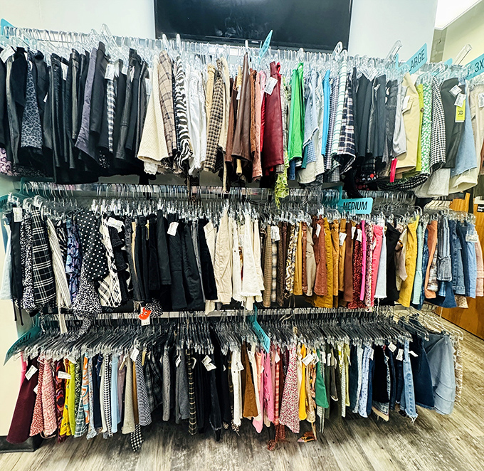 A fashionista's dream closet in miniature. Three tiers of clothing possibilities arranged with the care of a museum curator with a flair for retail.