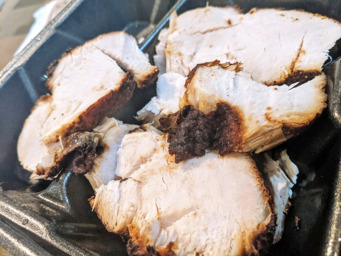 Turkey that defies the "dry poultry" stereotype. These slices have clearly been introduced to smoke and decided to start a beautiful friendship.