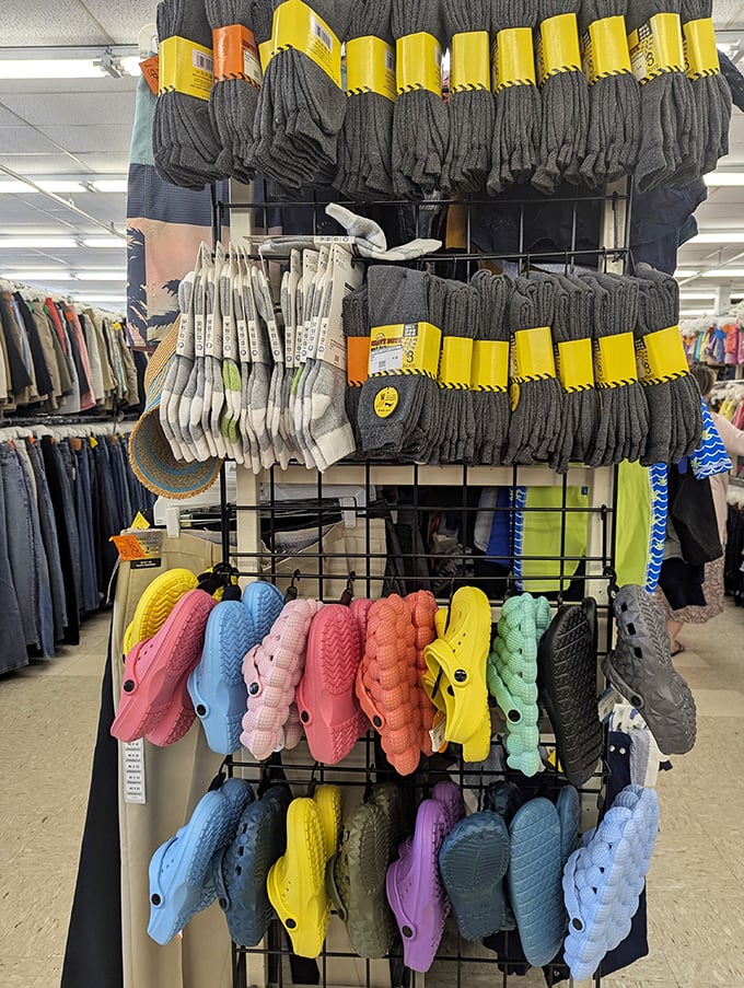 Sock heaven! From practical gray workhorses to whimsical Croc companions in every color of the rainbow.