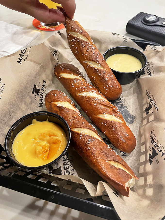 Soft pretzel sticks with cheese sauce that would make a Philadelphian nod in approval. Carbs have never looked this good.