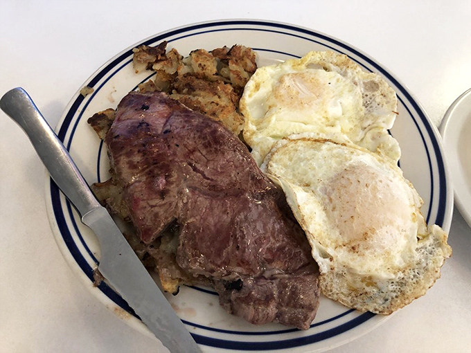 The steak and eggs plate answers the eternal question: "Why choose between breakfast and lunch?" with a resounding "Have both!"