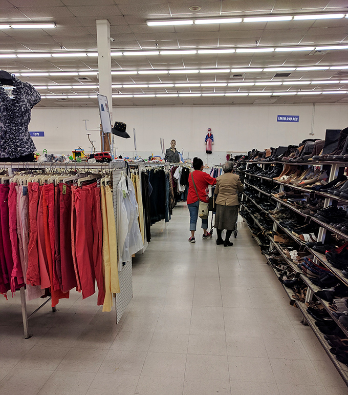 Thrift store anthropology in action: shoppers scanning for treasures, each with their own quest for that perfect something at an imperfect price.