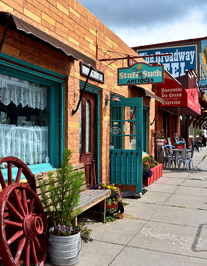 Stuff & Such Antiques beckons with turquoise trim and an antique wagon wheel, proving that in Philipsburg, even the storefronts dress for the part.