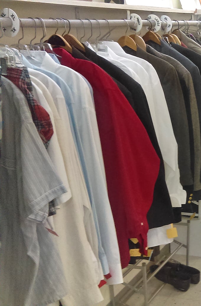 Men's shirts organized by size and color&mdash;a rarity in thrift stores that makes shopping efficient and almost suspiciously pleasant.