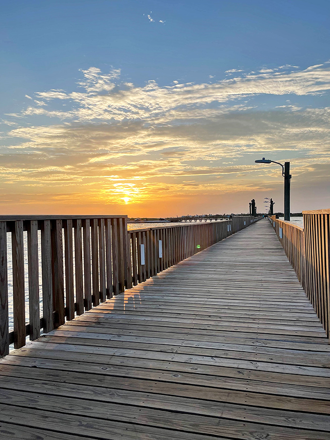 Sunset transforms the fishing pier into a golden pathway stretching toward tomorrow, offering the kind of view that makes even non-photographers reach for their phones.