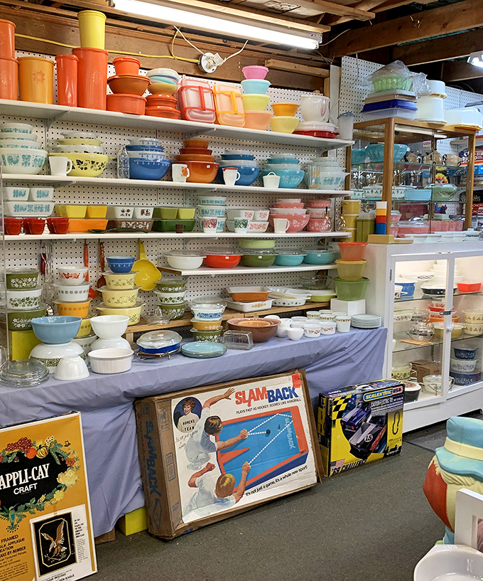 Pyrex paradise! A rainbow of vintage kitchenware that has grandmother collectors clutching their pearls and reaching for their wallets simultaneously.