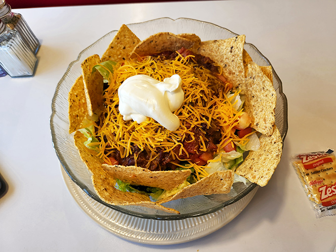 Taco salad served in its edible fortress of crispy tortilla&mdash;where Midwest meets Southwest in a delicious cultural exchange program.