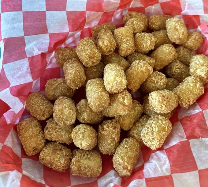 Golden-brown tater tots huddle together in their checkered paper boat, each one a crispy-outside, fluffy-inside ambassador of potato perfection.