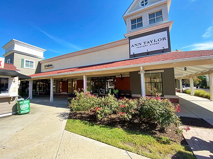 Ann Taylor's storefront, framed by vibrant flowers, offers professional wardrobe solutions that won't prompt awkward conversations with your accountant.