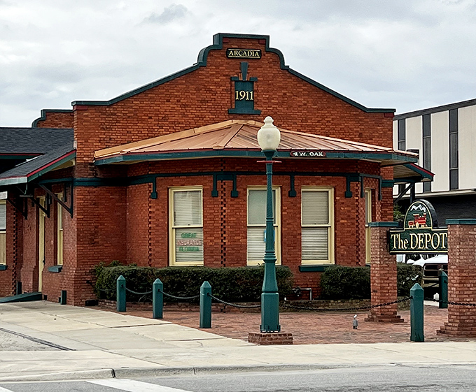 The historic Arcadia train depot, built in 1911, stands as a brick-and-mortar reminder of when railways were the lifeblood of small-town Florida.