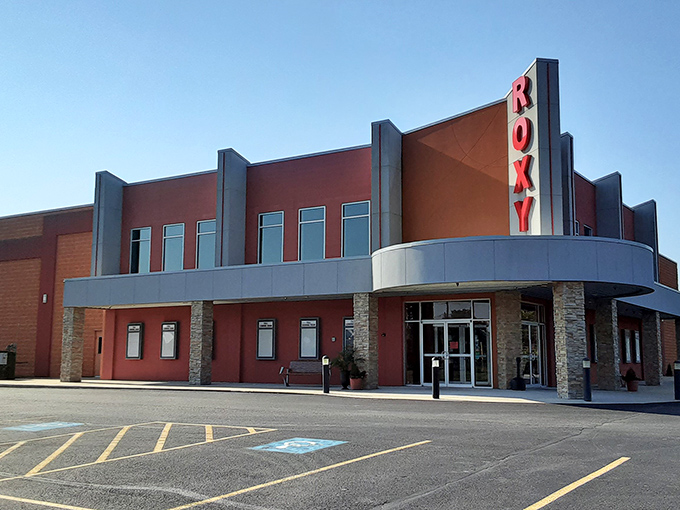 The Roxy Theater's modern facade promises entertainment without streaming service fees&mdash;just popcorn, previews, and prices that won't shock fixed incomes.