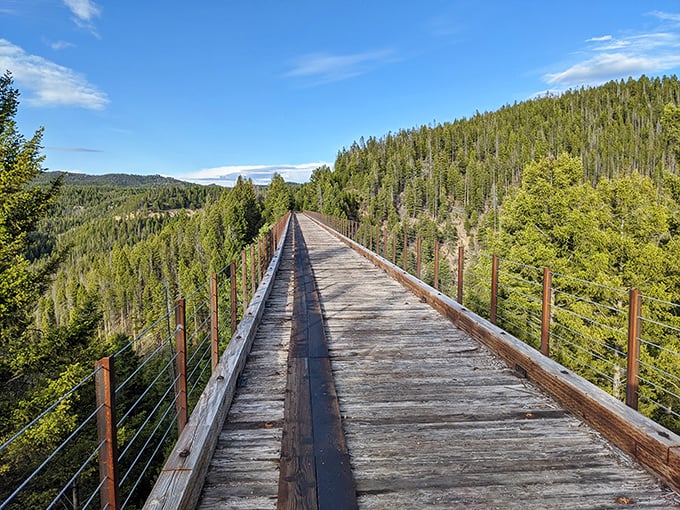 Thompson Park's elevated wooden walkway invites leisurely strolls through pine-scented air, where retirement's greatest luxury is time to appreciate Montana's natural splendor.