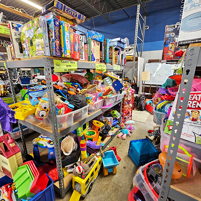 Toy section chaos that would make Marie Kondo weep, but will absolutely spark joy in budget-conscious parents everywhere.