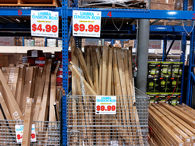 Tension rods: the unsung heroes of home organization, displayed with the reverence they deserve. At $4.99 and $9.99, household problems are solved before they begin.