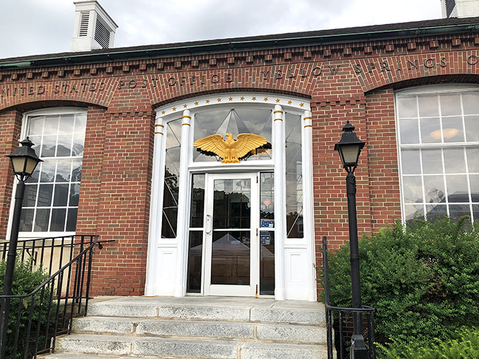 The stately entrance to the Yellow Springs Post Office, complete with golden eagle. Mail delivery never looked so majestic!