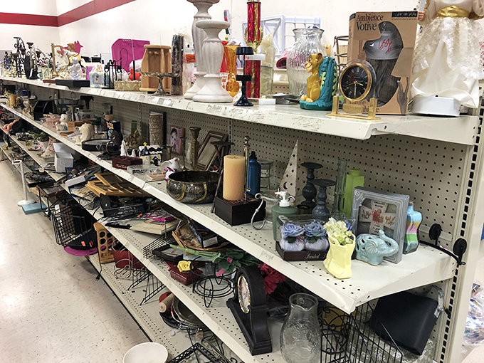 Eclectic doesn't begin to describe this shelf of possibilities. From candlesticks to figurines, it's like your grandmother's curio cabinet exploded in the best way possible.