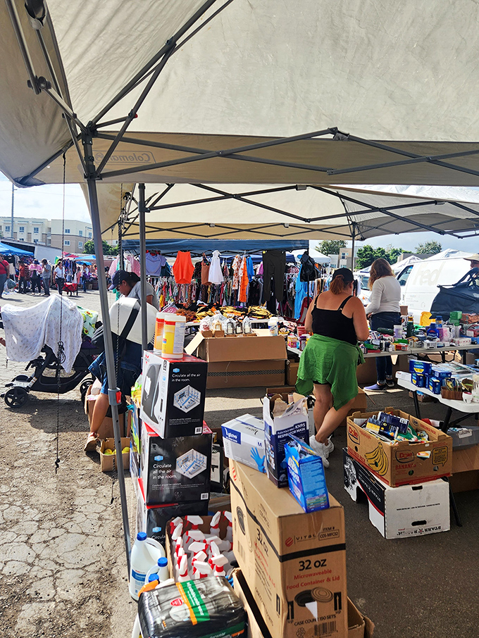 The modern bazaar in full swing. Under these canopies, everyday necessities mingle with unexpected finds in a dance of commerce as old as civilization.