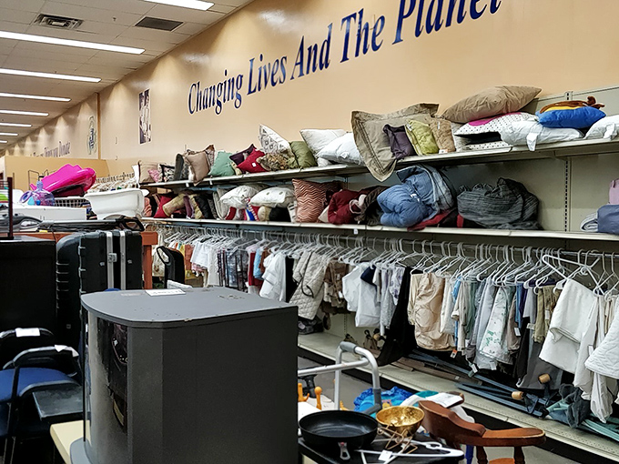 The inspirational wall motto says it all while housewares and clothing coexist in organized retail harmony below.