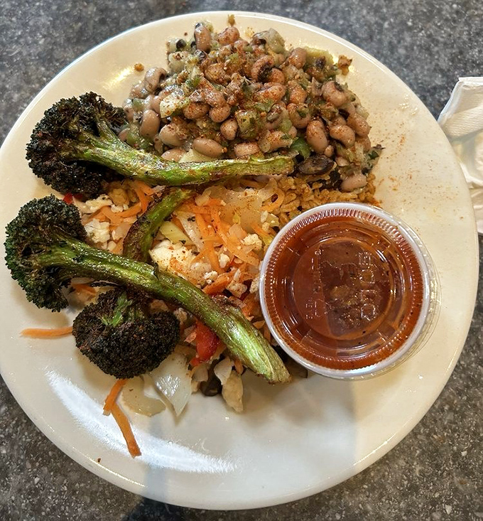 Even vegetarians get the royal treatment. Roasted broccoli, black-eyed peas, and rice that prove meatless doesn't mean flavorless.