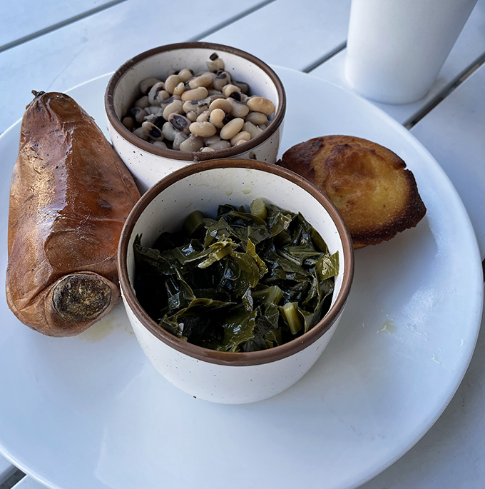 A veggie plate that proves side dishes deserve center stage &ndash; collards, black-eyed peas, and a sweet potato that's living its best life.