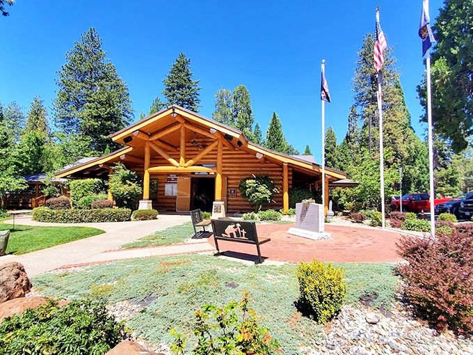 The Veterans Memorial Hall stands as a rustic testament to community pride, where log cabin architecture meets civic purpose.