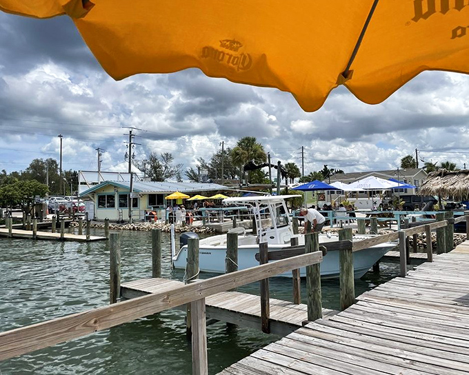 The view that comes free with your meal: weathered docks, fishing boats, and the promise of tomorrow's catch being prepped as you eat today's. 